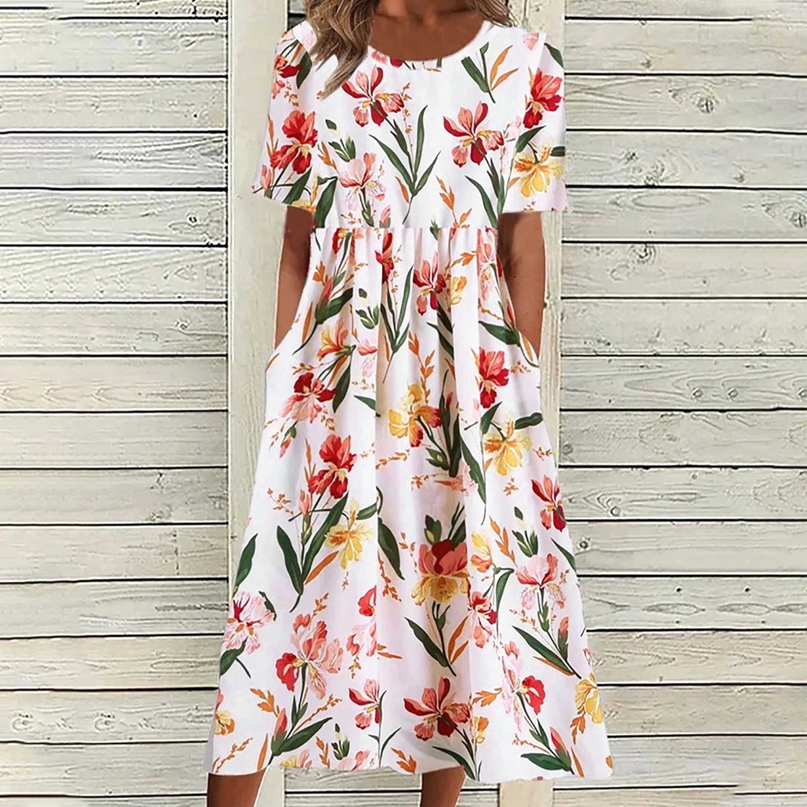 Lastesso Women Bohemian Floral Printed Sundress Short Sleeve Midi Dress ...
