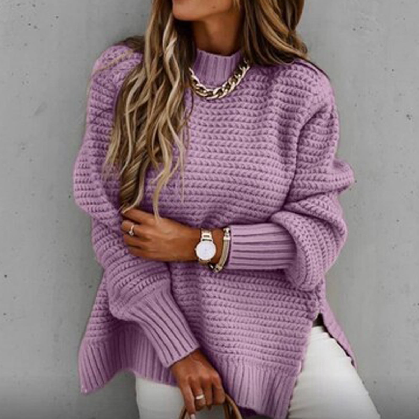 Amidoa Women Casual Solid Color Jumper Long Sleeve Plus Size Fall ...