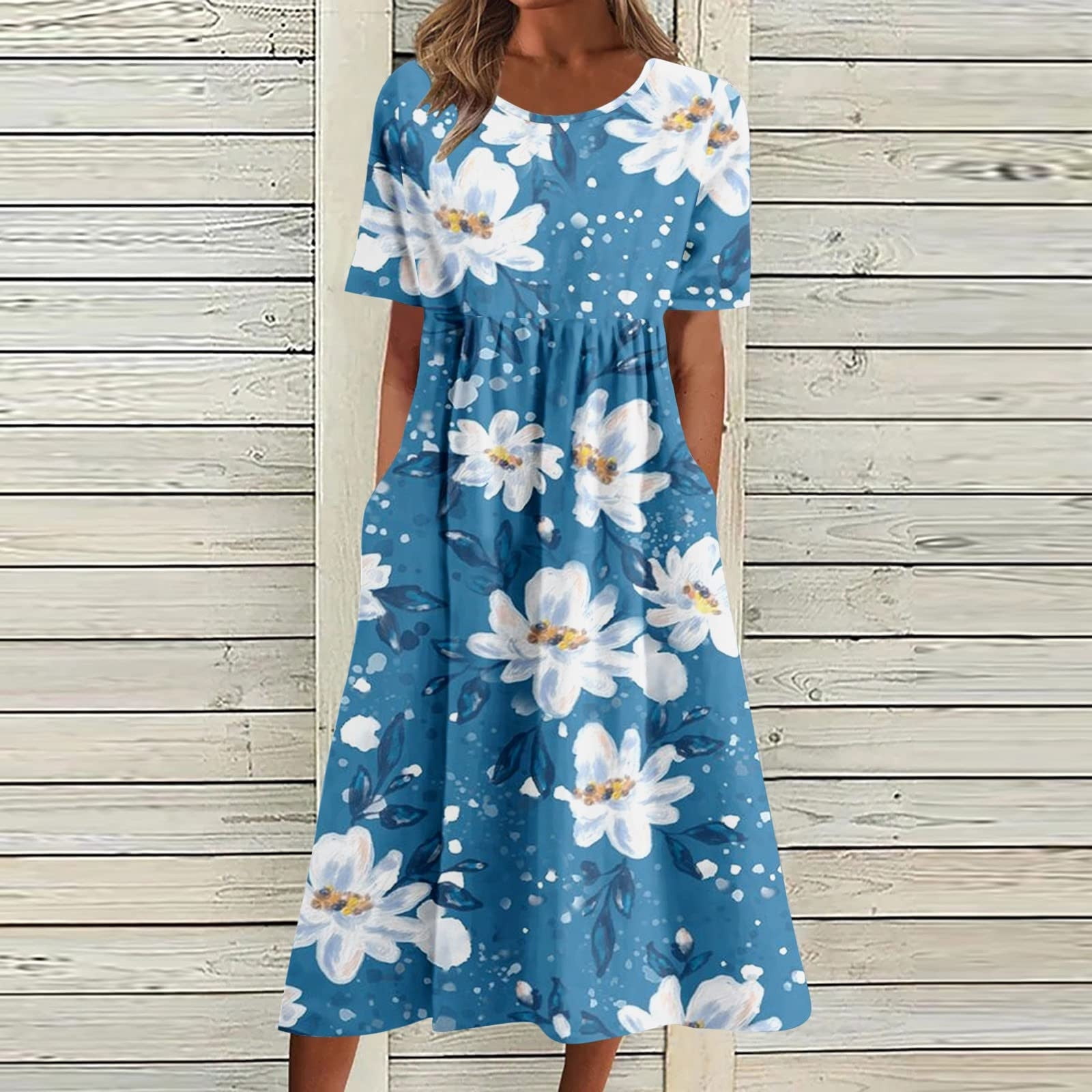 Lastesso Women Hawaiian Floral Printed Sundress Short Sleeve Midi Dress ...