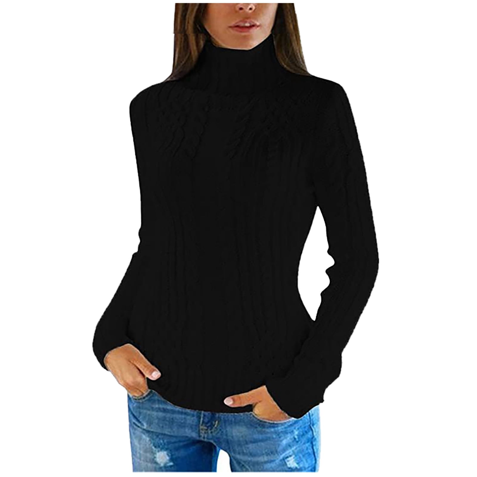 Amidoa Cable Knit Ladies Sweaters Black Soft Turtleneck Fitted Long ...