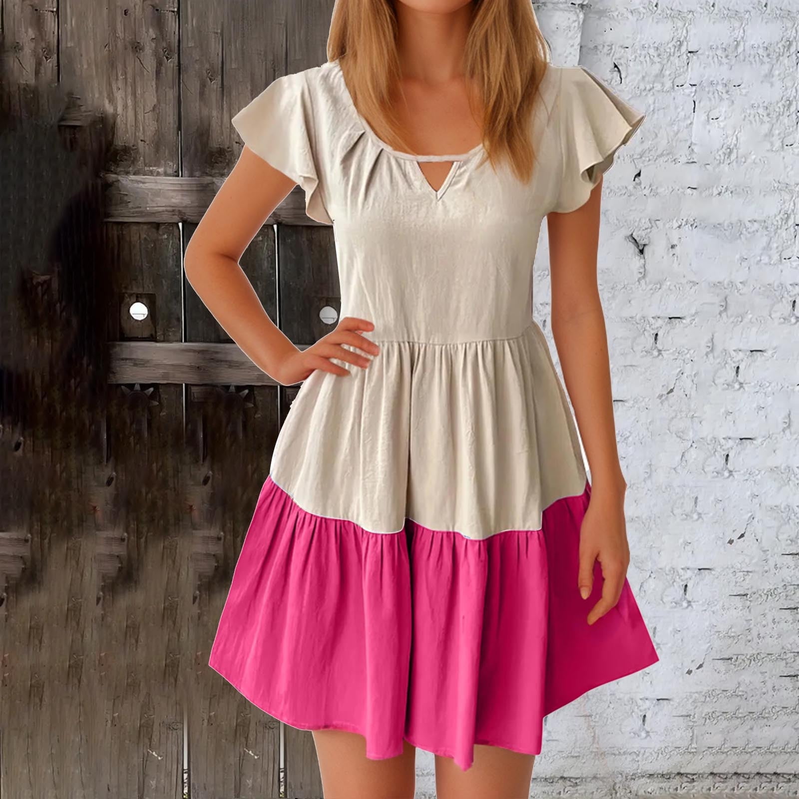 Lastesso Women Sundress Ruffled Sleeve V-Neck Colorblock Midi Dress ...