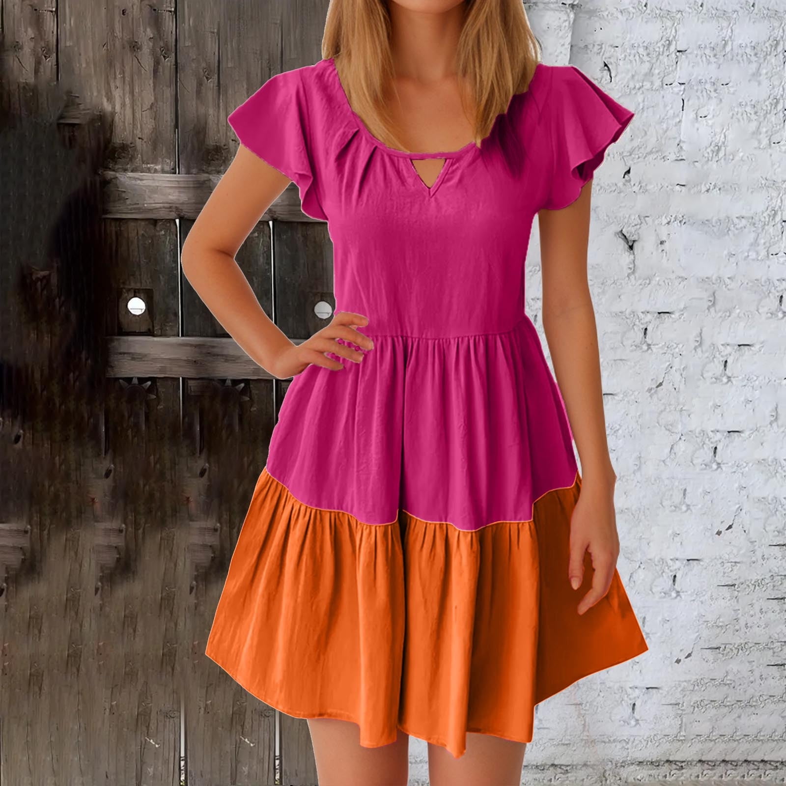 Lastesso Women Sundress Ruffled Sleeve V-Neck Colorblock Midi Dress ...