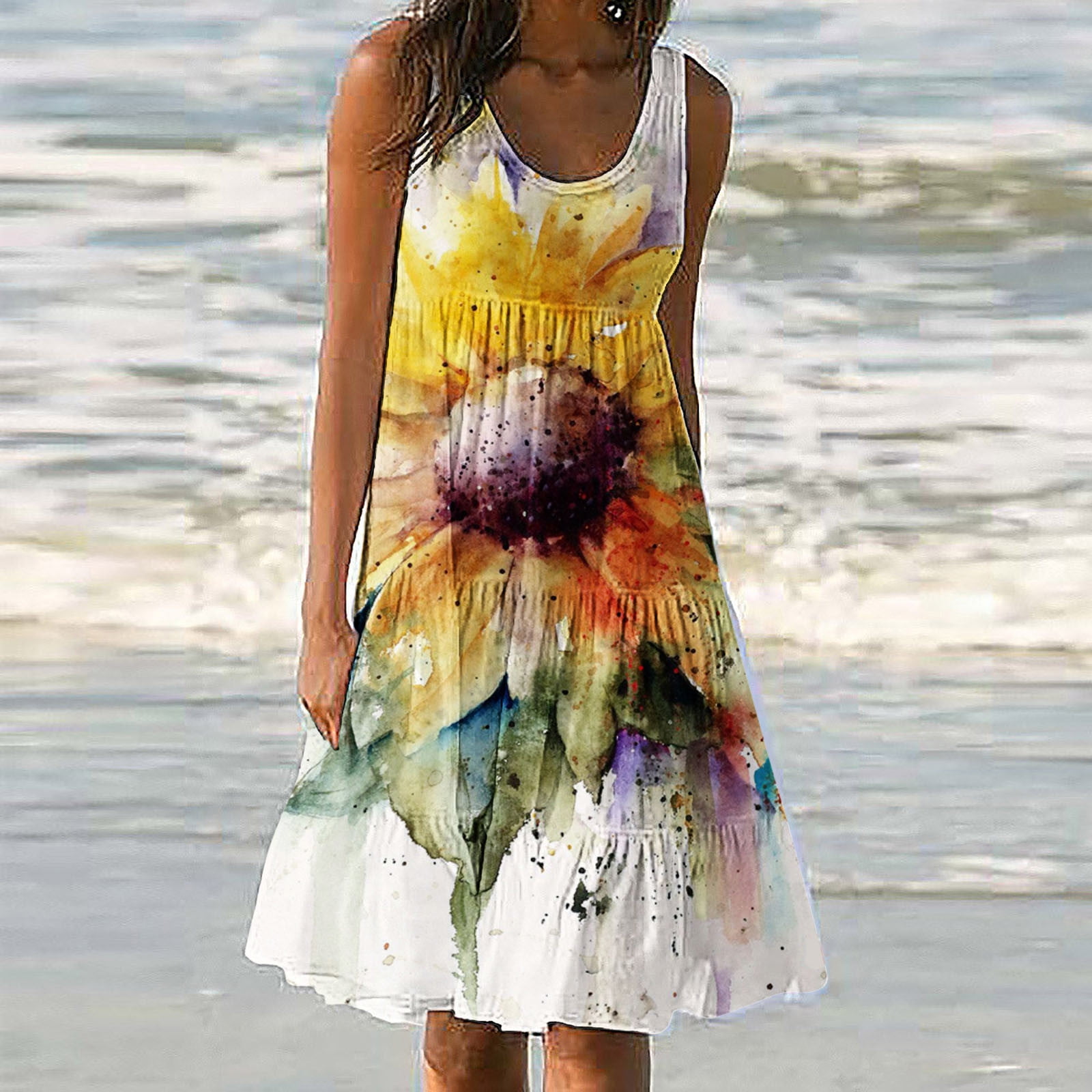 Lastesso Women Sunflower Print Summer Dresses Sleeveless Tshirt Dress