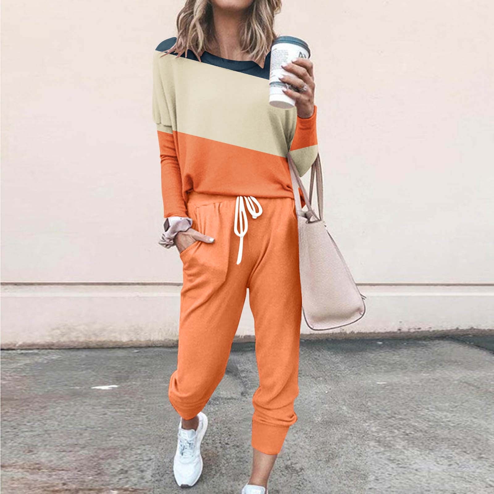 Lastesso Womens Trendy Loungewear Colorblock Crewneck Long Sleeve ...