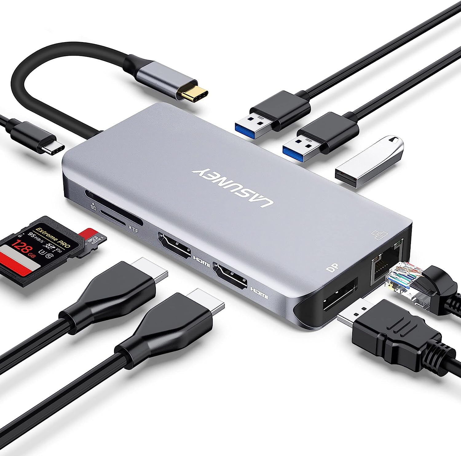 Lasuney Triple Display USB Type C HUB with to 2 HDMI, Displayport, PD3 ...