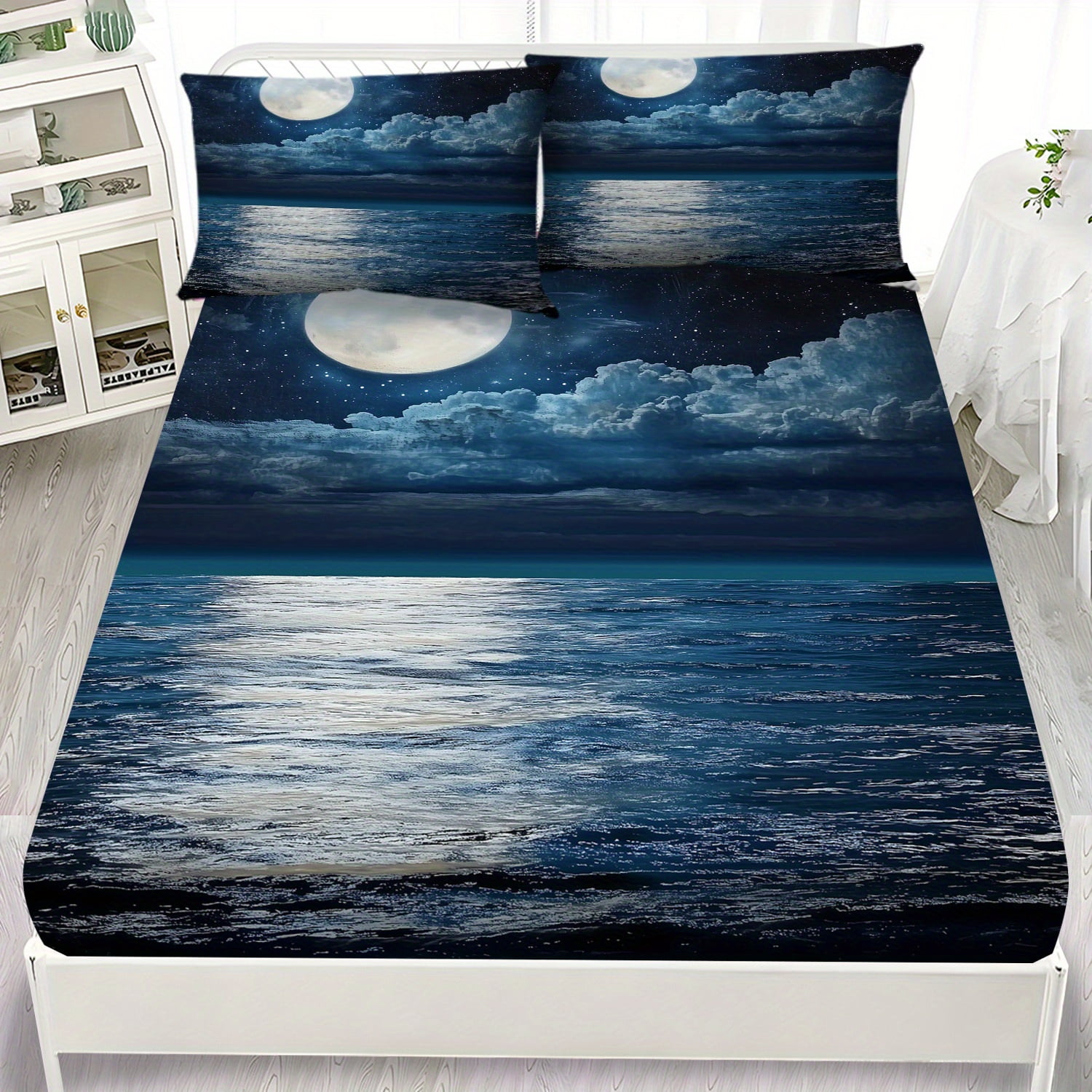 Latacaca 3-Piece Moonlit Ocean Fitted Sheet Set | 1 Fitted Sheet + 2 ...