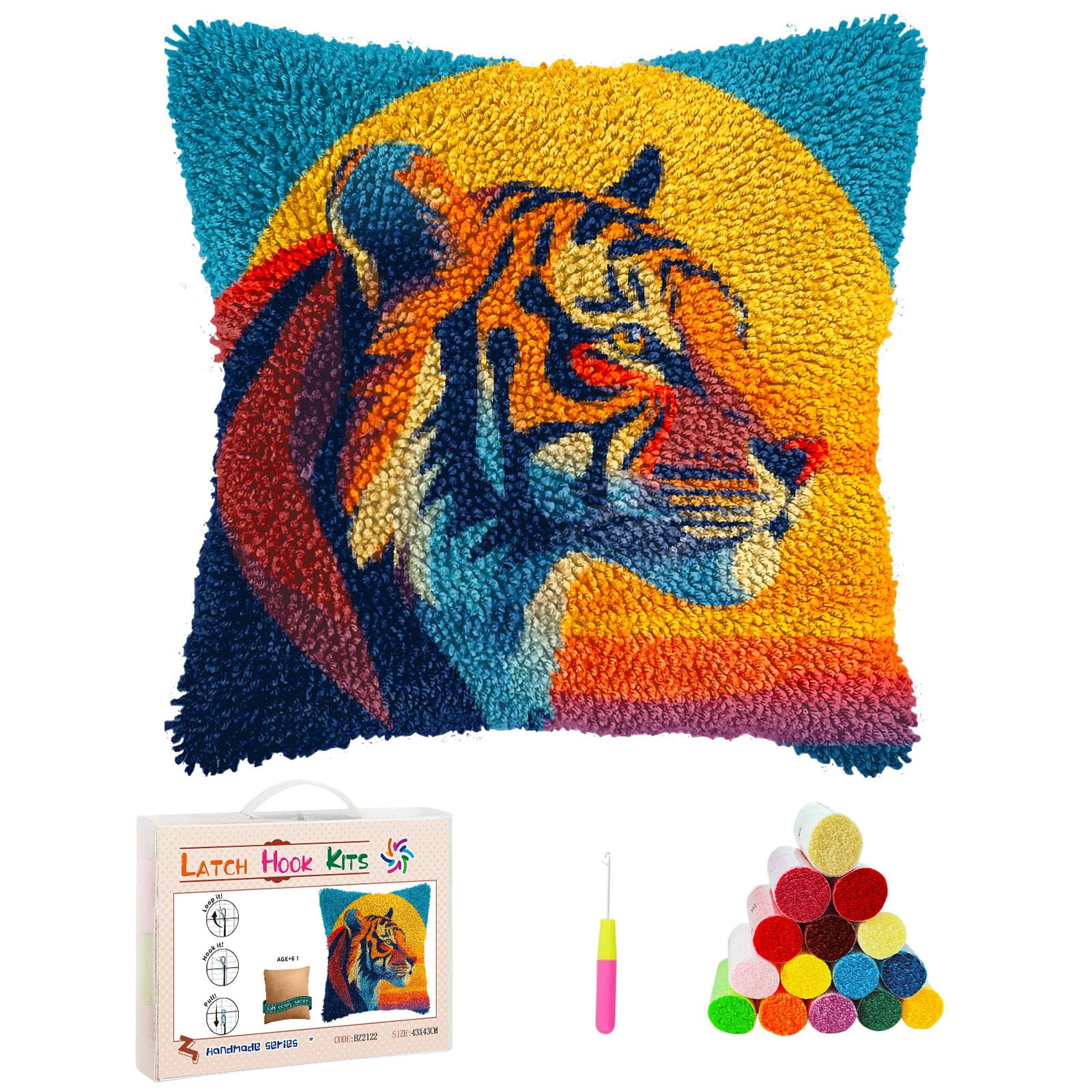Latch Hook Kits Pillow Tiger Animal with Sunset Stamped Pillowcase ...