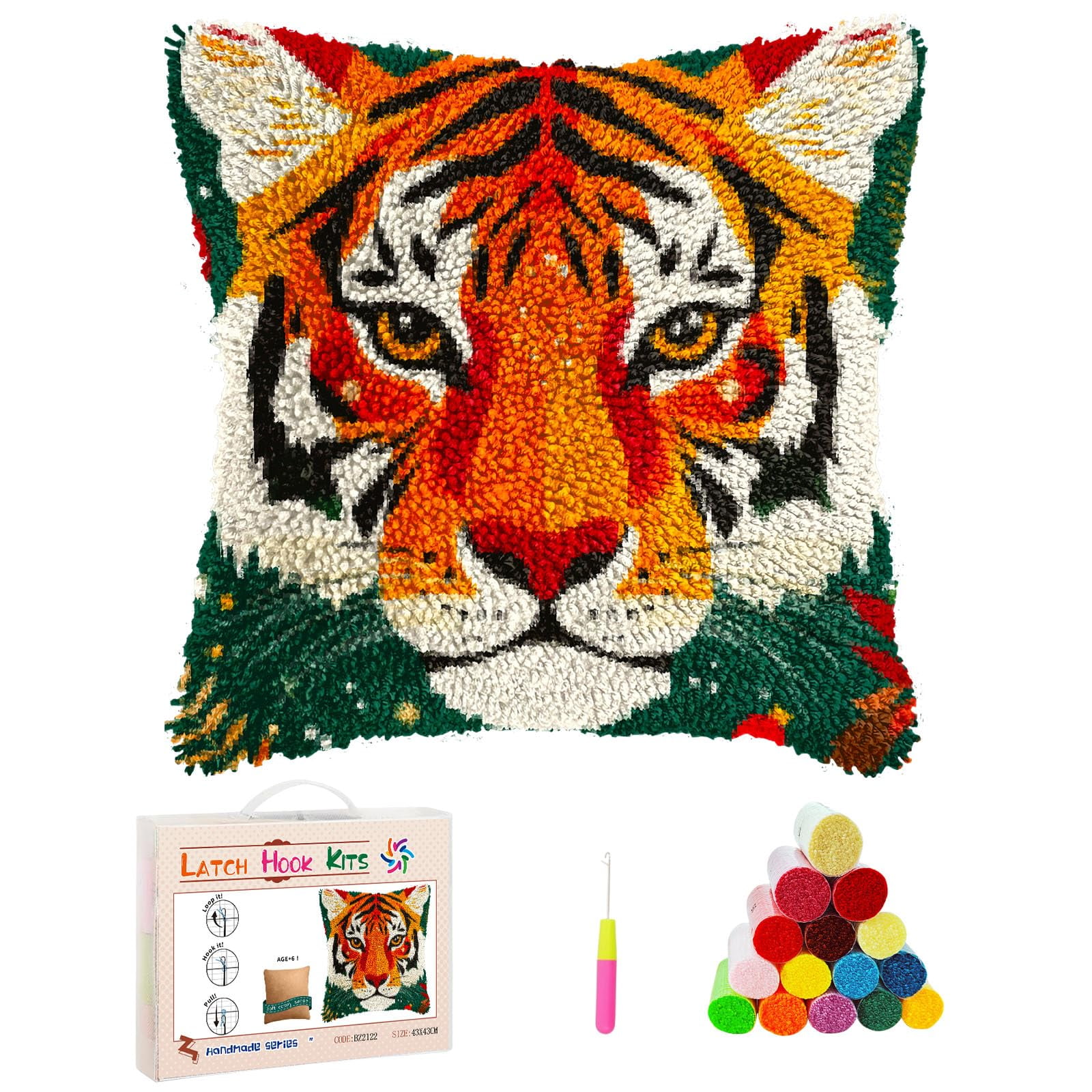 Latch Hook Kits Pillow Tiger with Christmas Scene Stamped Pillowcase ...