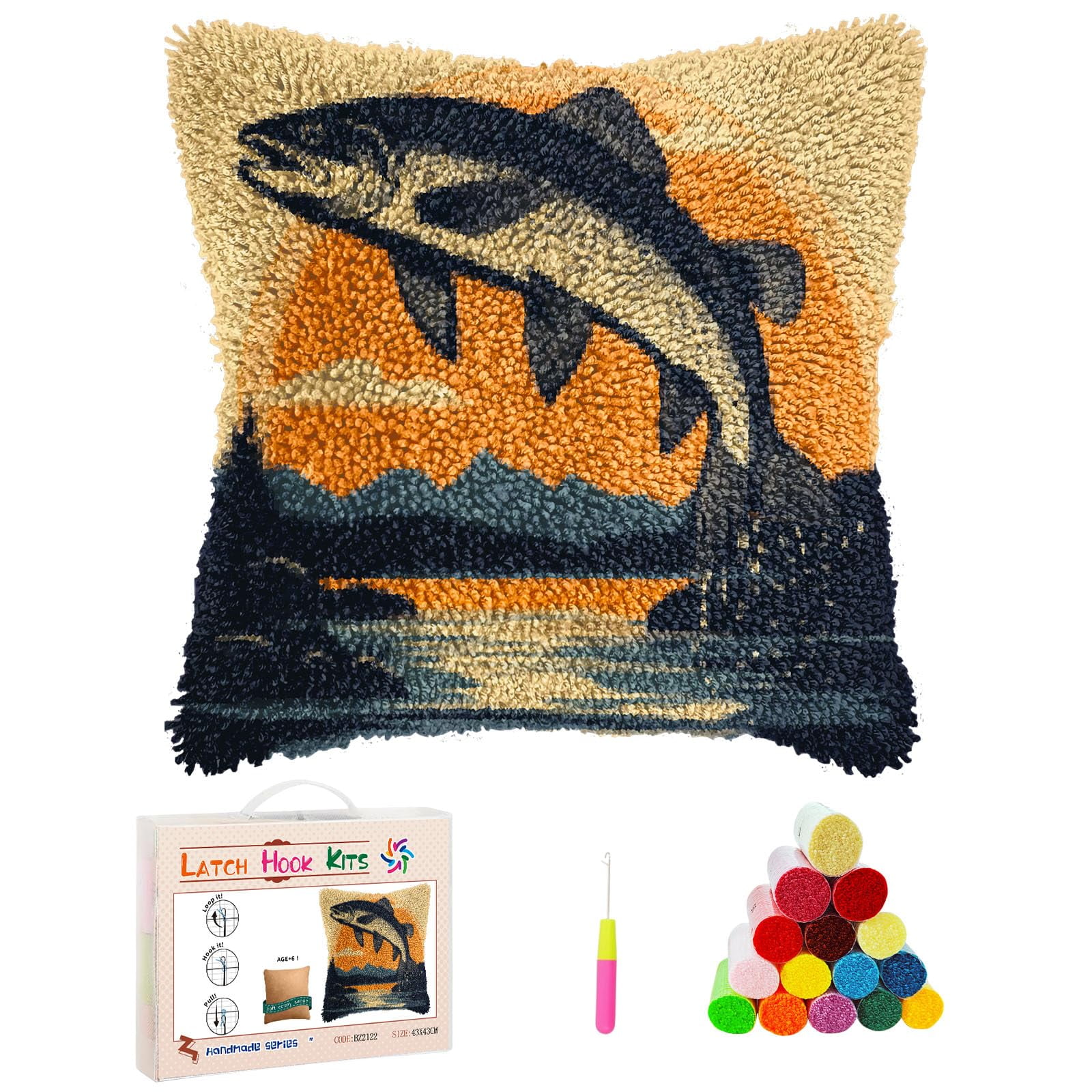 Latch Hook Kits Pillow Trout Fish Jumping from Water Sunset Stamped ...