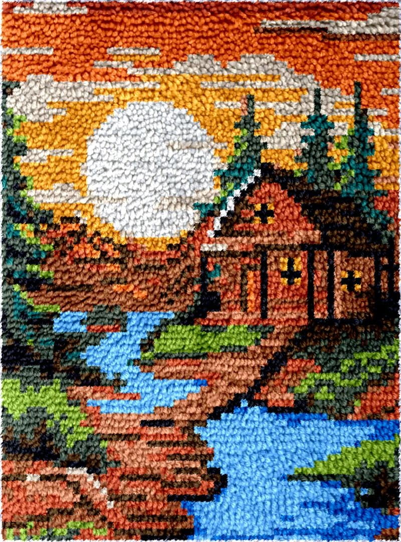 Latch Hook Kits Rug Cottage House & River DIY Cushion Tapestry Making ...