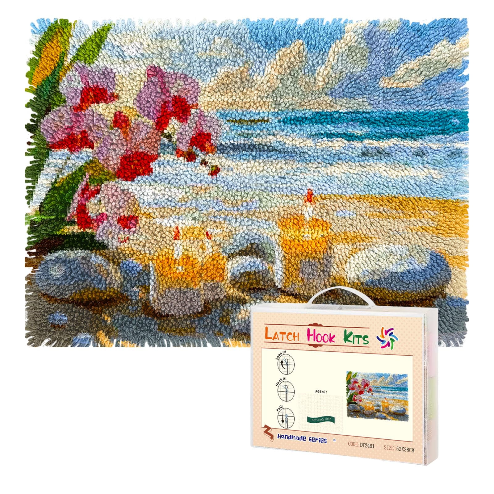 Latch Hook Rug Kit Candles Orchids Stones on Beach Pre-printed Handmade ...