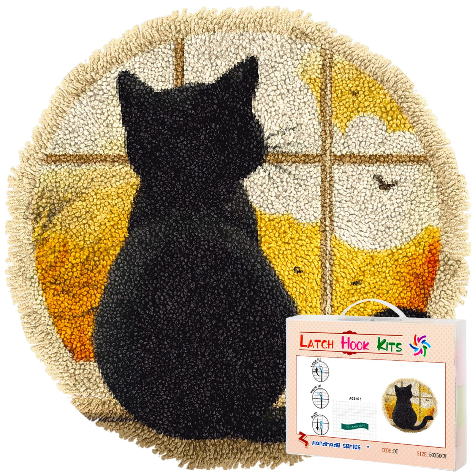 Latch Hook Rug Kit Cartoon Window Cat Back Stamped Handmade Round Shape ...