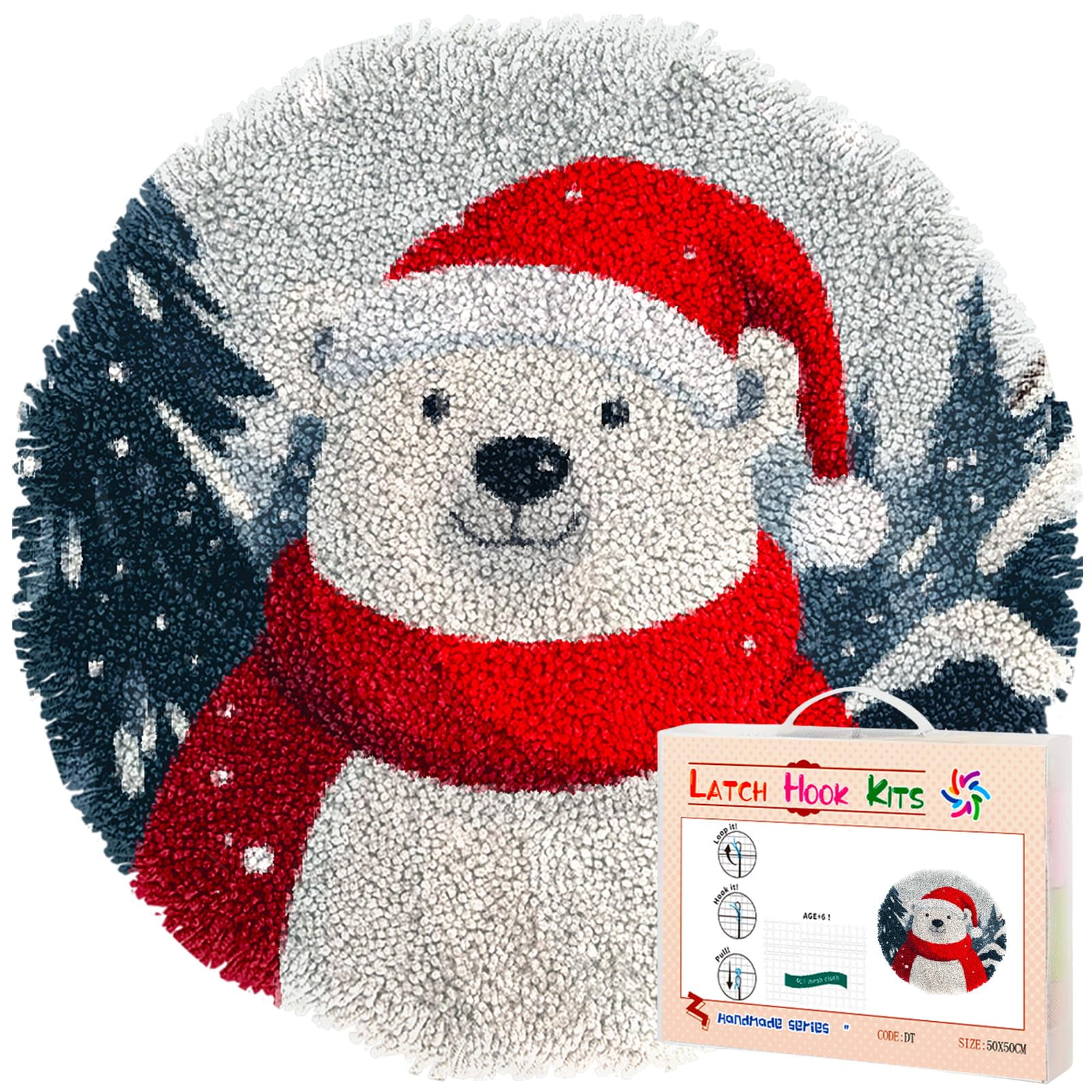 Latch Hook Rug Kit Christmas White Bear Stamped Handmade Round Shape ...