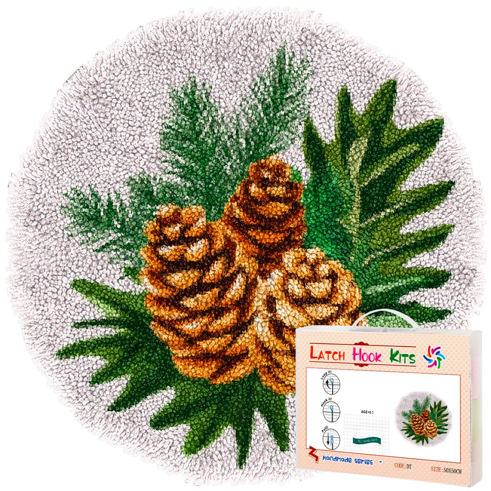 Latch Hook Rug Kit Pine Cone and Leaves Stamped Handmade Round Shape ...