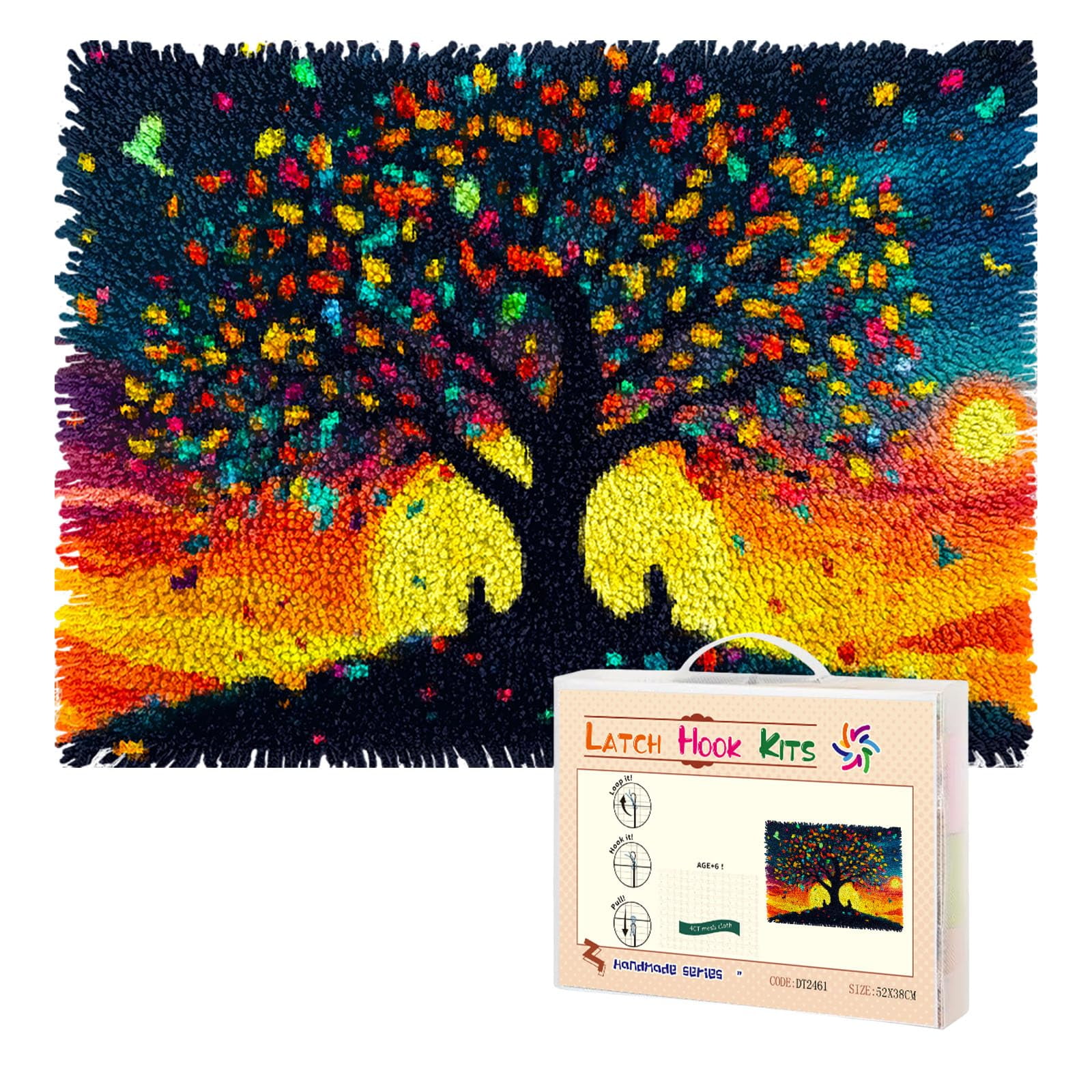 Latch Hook Rug Kit Silhouette of Tree with Colorful Night Sky Moon Pre ...