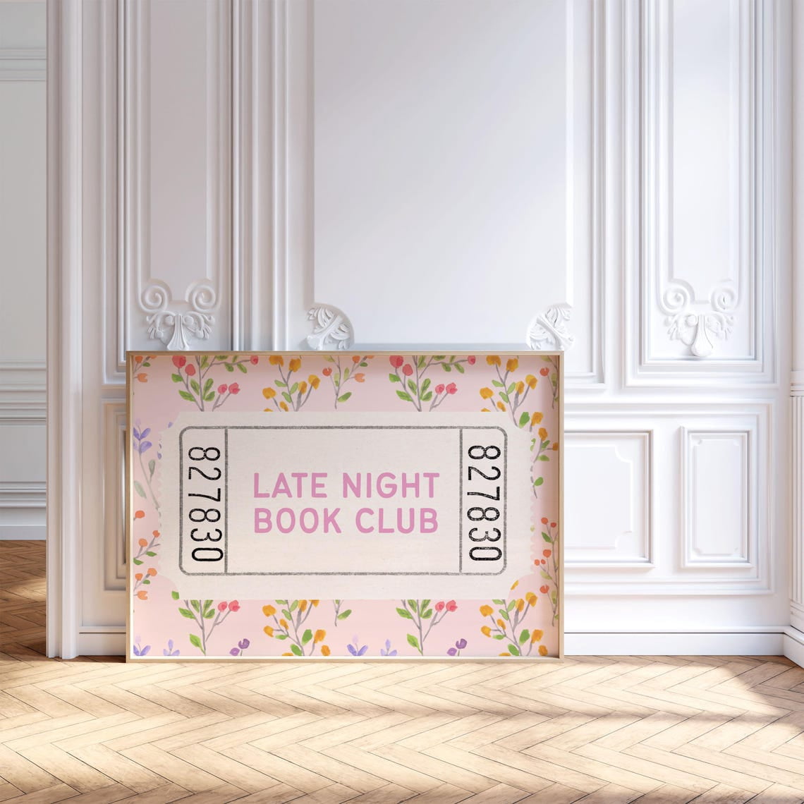 Late Night Book Club Poster, Trendy Bookish Ticket, Pink Reading Nook ...