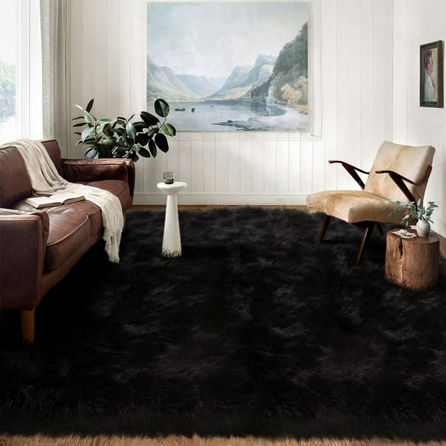 Latepis Furry Plush Soft Big 10x14 Area Rug, Black Faux Sheepskin for ...