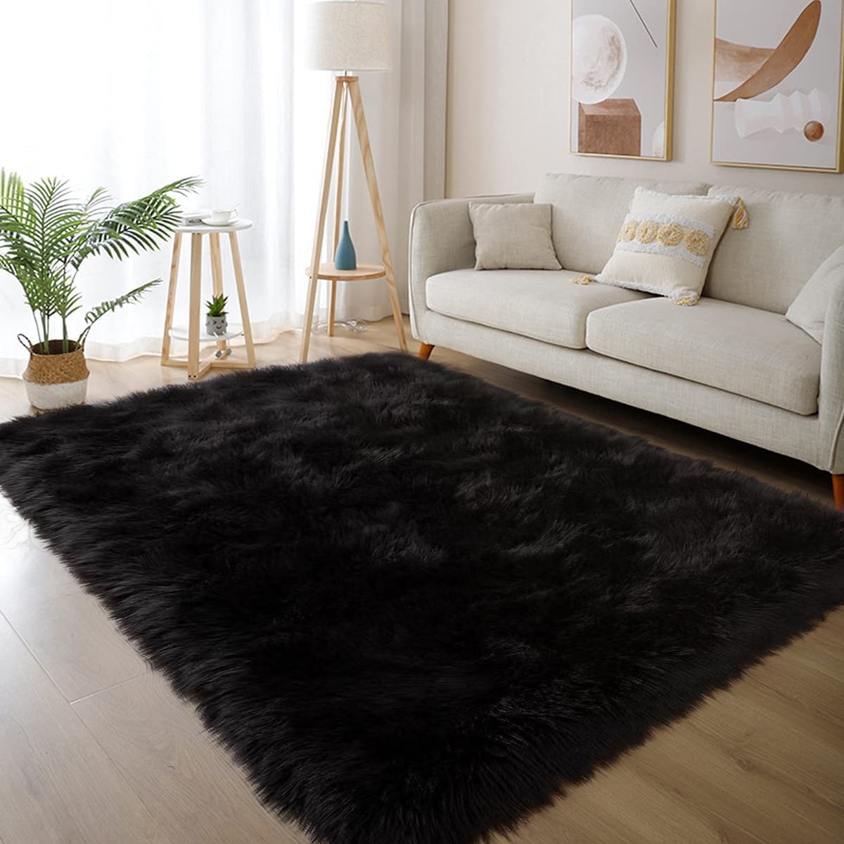 Latepis Plush Faux Sheepskin Fur Rug 4x6, Fuzzy Black Carpet for Living ...