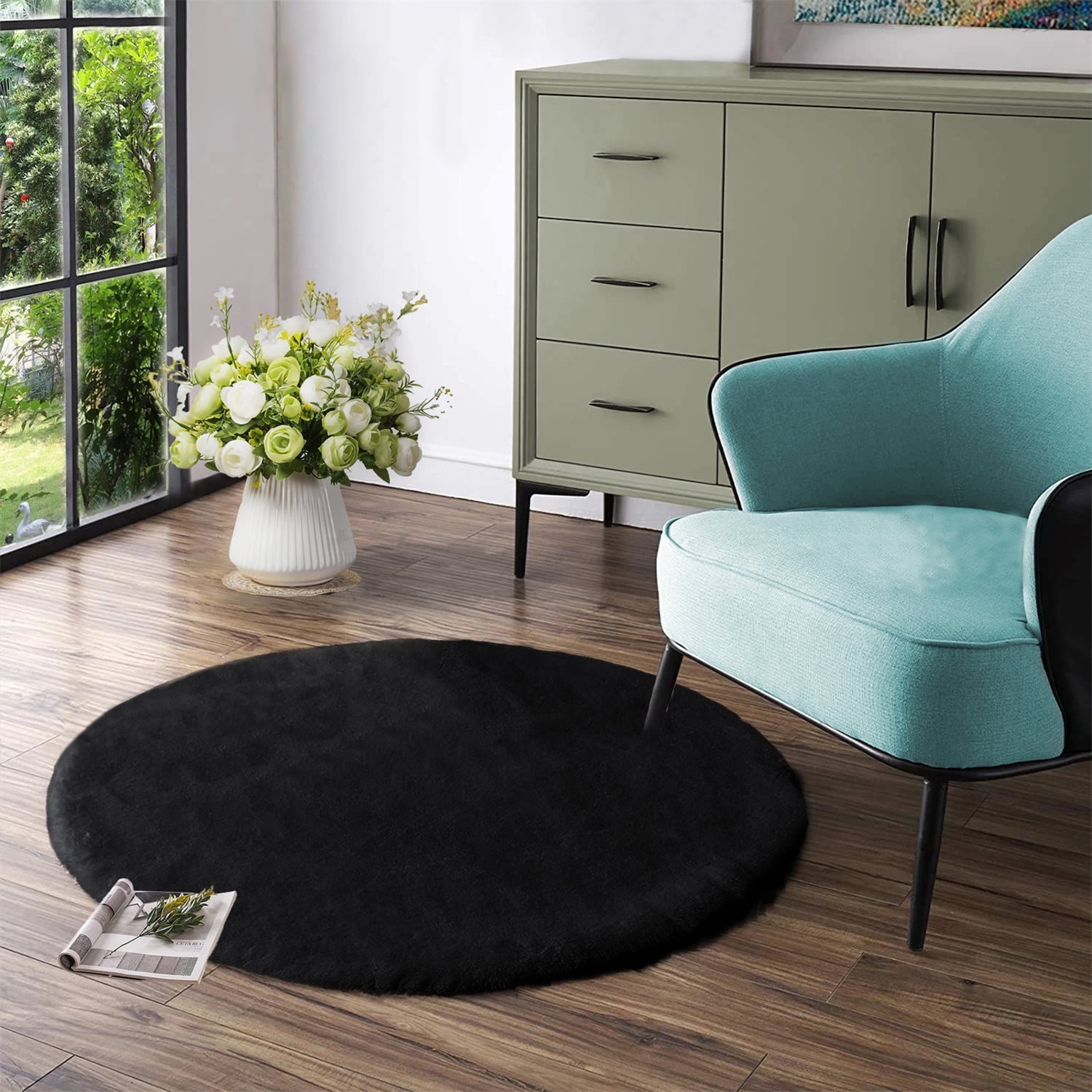 Latepis Fluffy Bedside Fuzzy Bed Soft Carpet - Black Faux Rabbit Fur ...