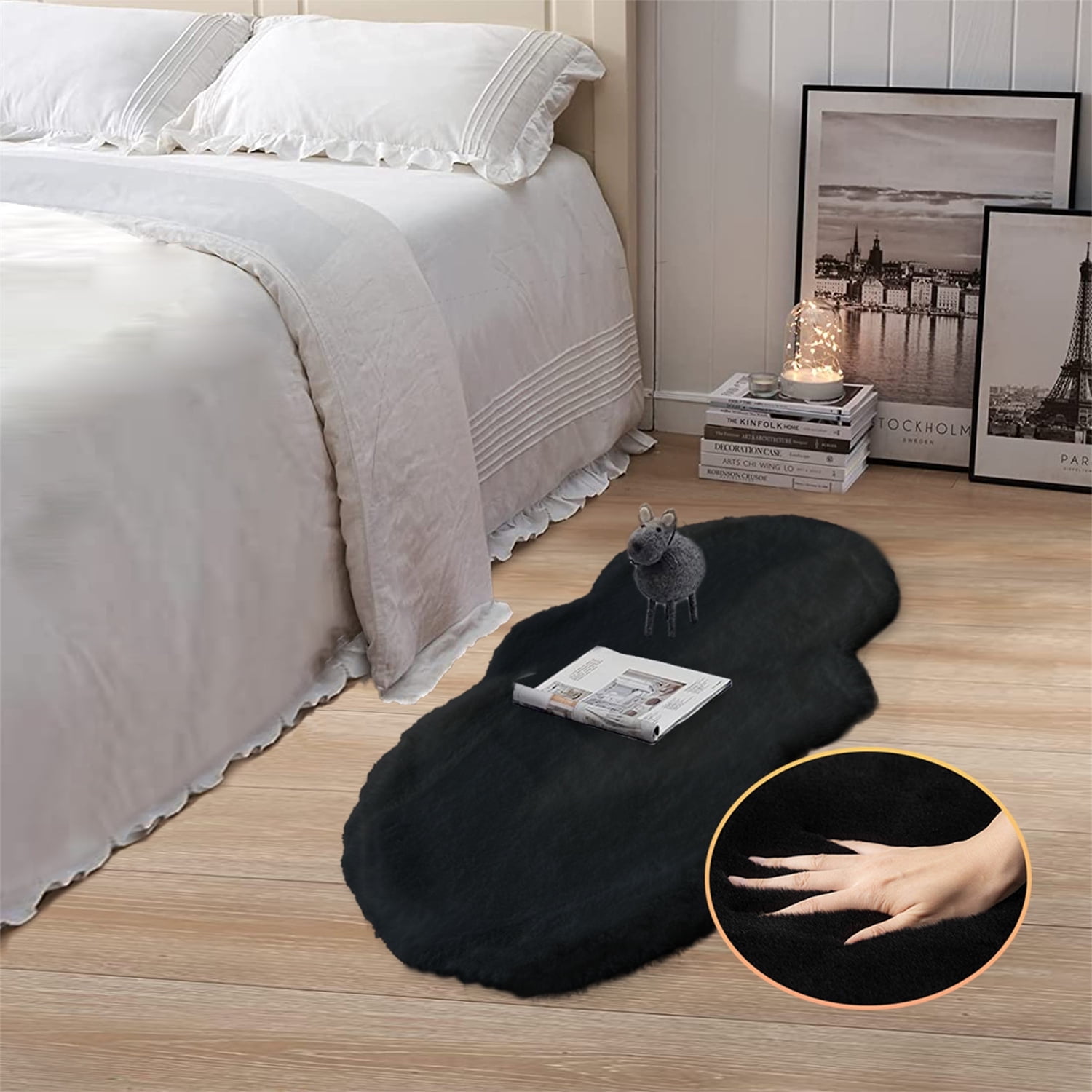 Latepis Black Faux Rabbit Washable Fur Area Rugs for Bedroom Small ...