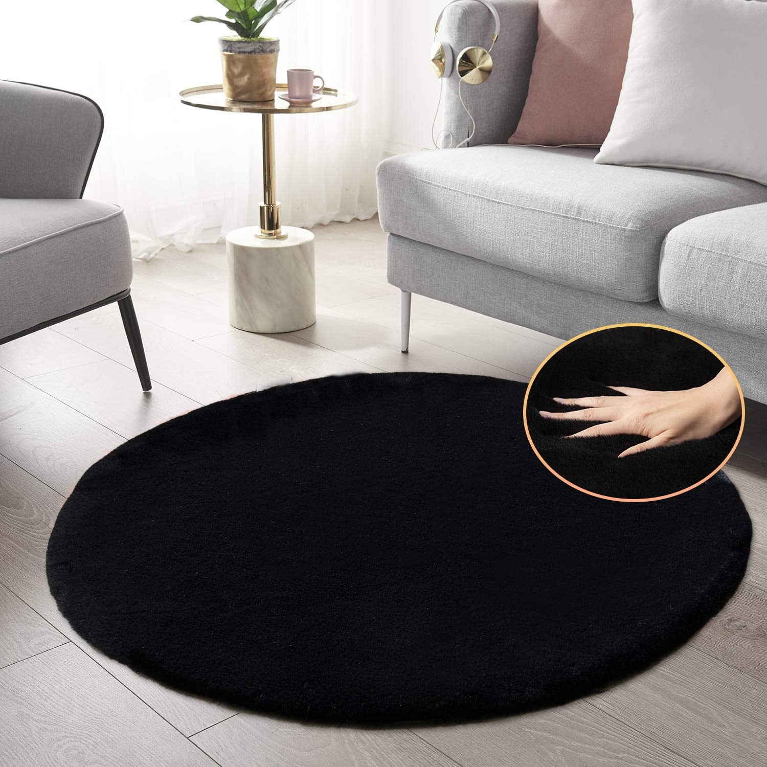 Latepis Black Round Fluffy Faux Rabbit Fur Rug, 4ft, Soft, Washable ...
