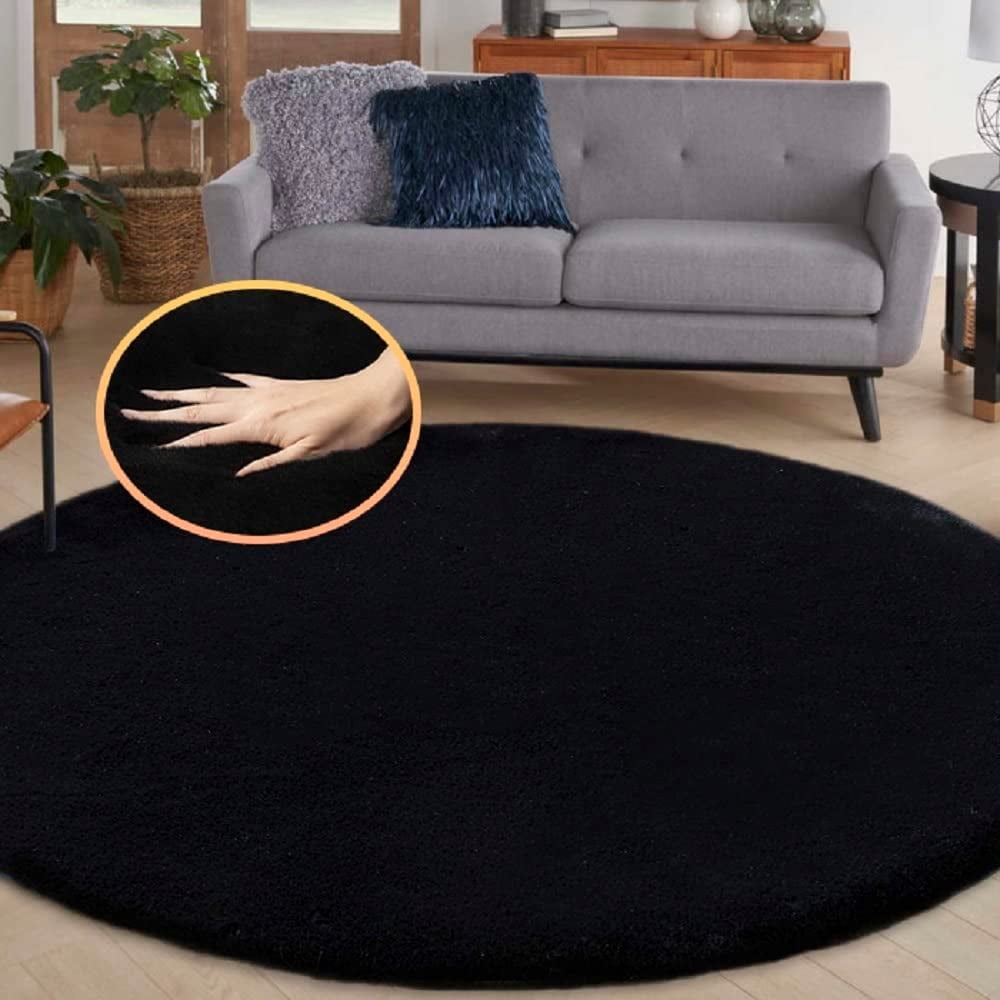 Latepis Black Round Rugs 8ft Machine Washable Rabbit Fur Area Rug Large ...