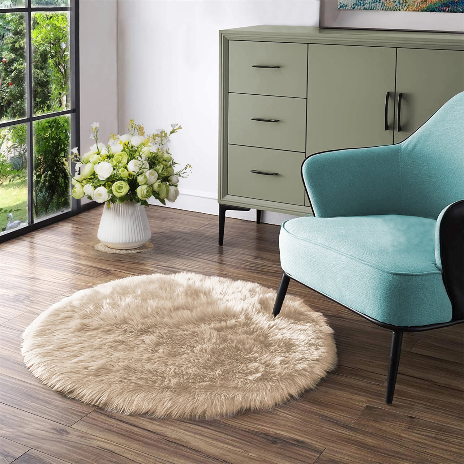 Latepis Faux Sheepskin Circle Rug 3ft Beige Fluffy Washable Shag Rug ...