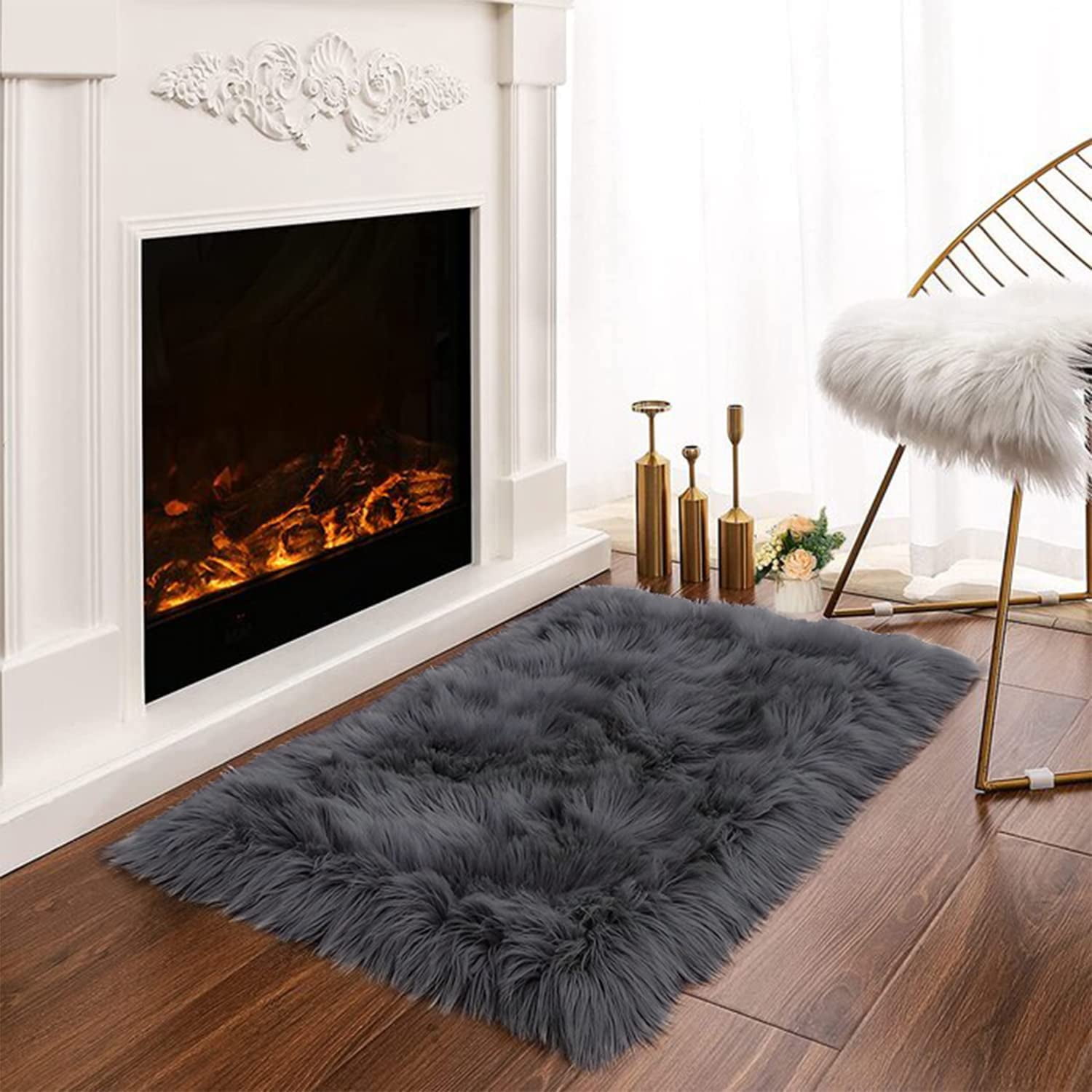Latepis Faux Sheepskin Rug 2x3, Dark Grey, Fluffy Bedroom Decor, Chair ...