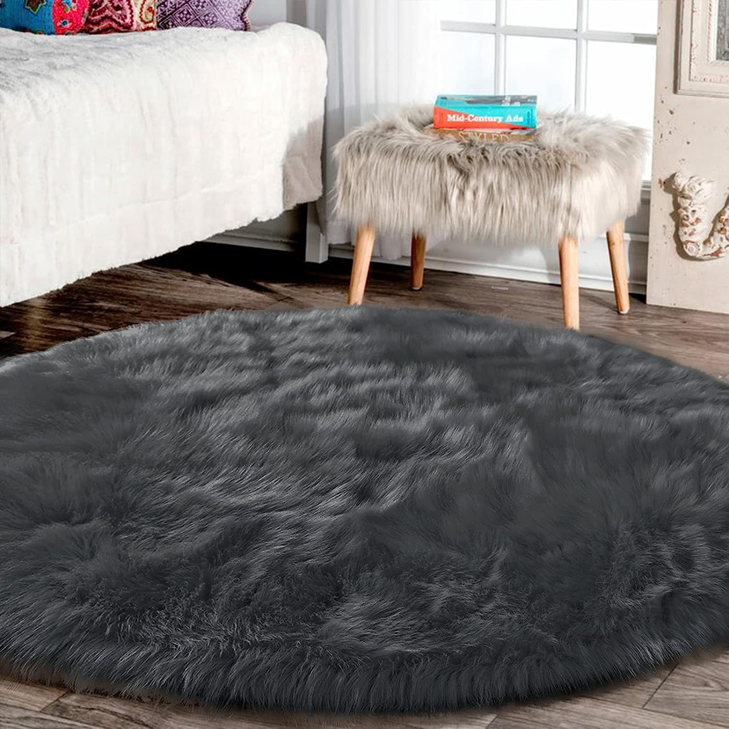 Latepis Dark Grey Round Area Rug 8 ft Large Faux Sheepskin Fur Rug ...