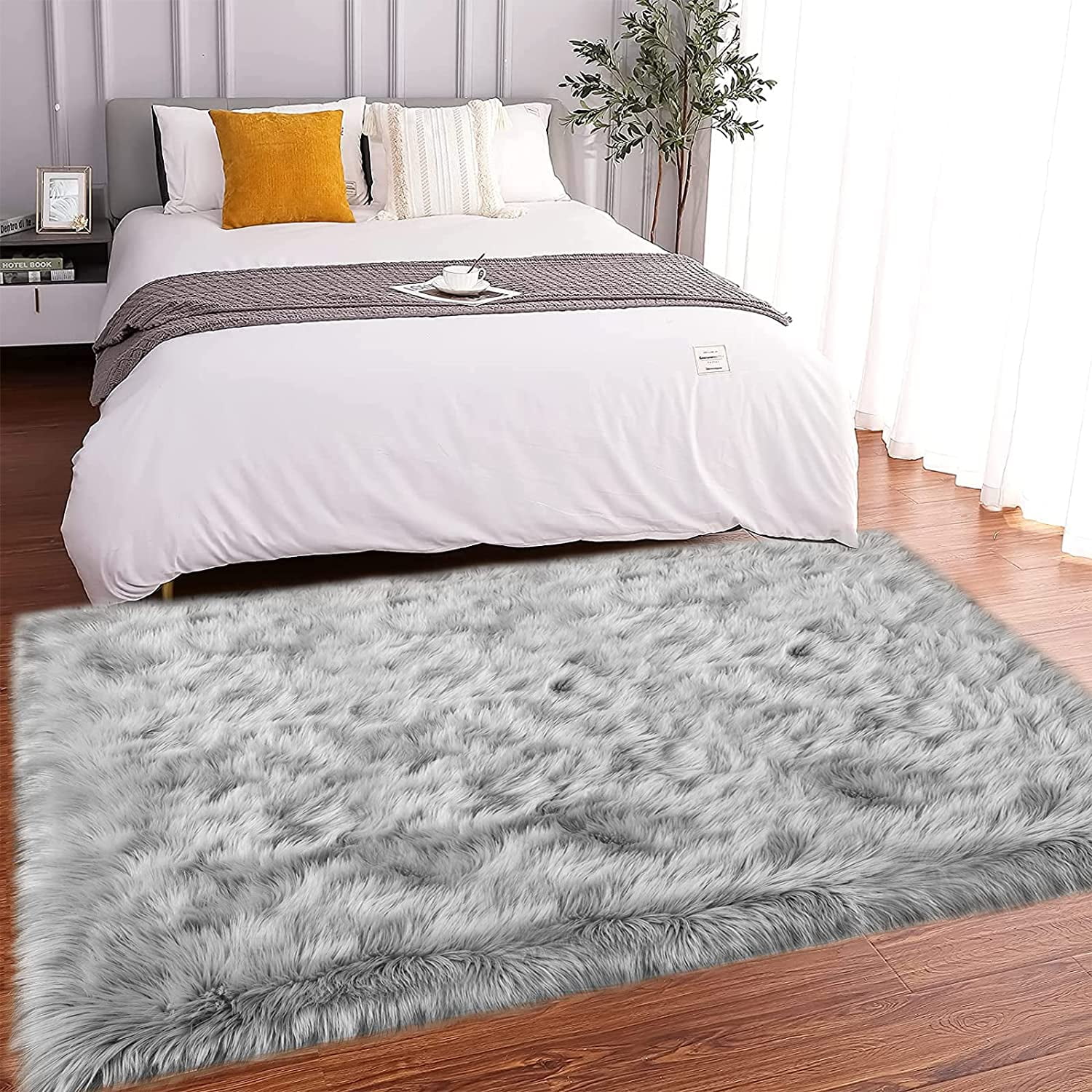 Latepis Faux Fur Rug 4x6, Grey Sheepskin Rug, Fluffy Washable Bedroom ...