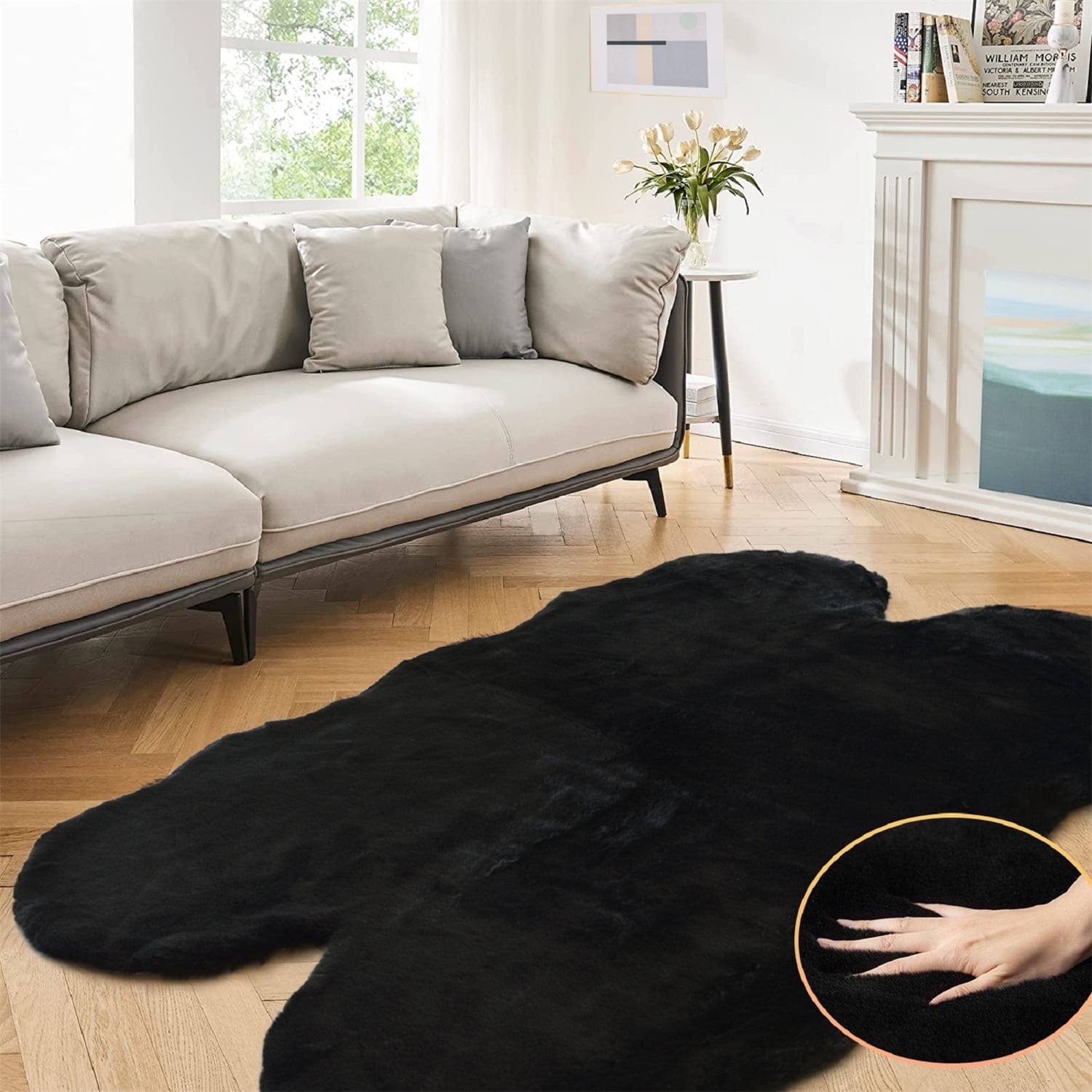 Latepis Faux Rabbit Fur Rug Plush Area Rugs Machine Washable Black Shag ...