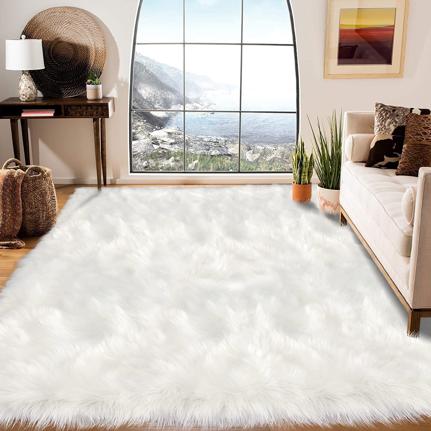 Latepis Large Shaggy Faux Fur Rug 6x9 Soft Faux Sheepskin Area Rug For Multiple Rooms White