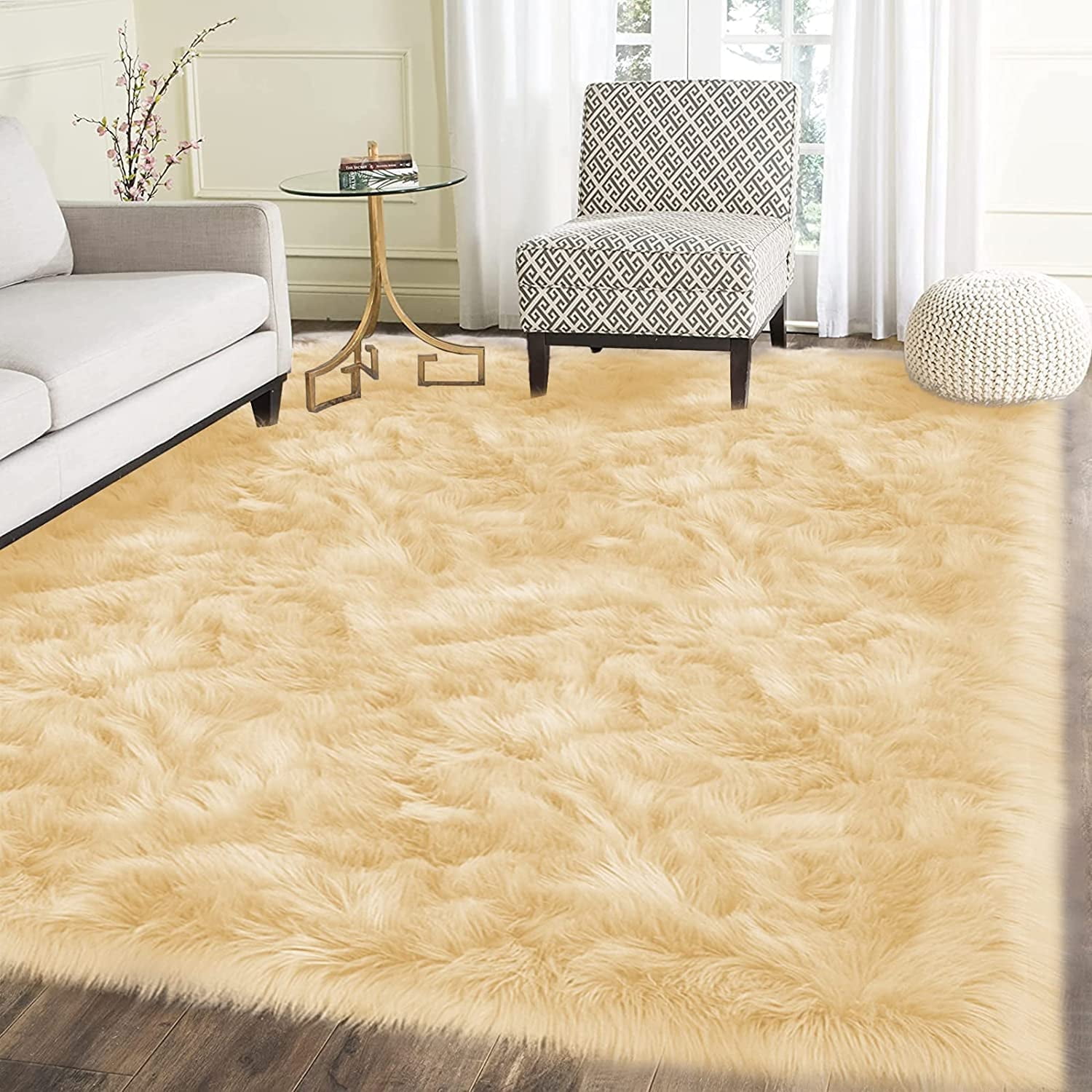 Latepis Furry Fuzzy Shaggy Area Rug, Faux Sheepskin, 6x9 Light Yellow ...