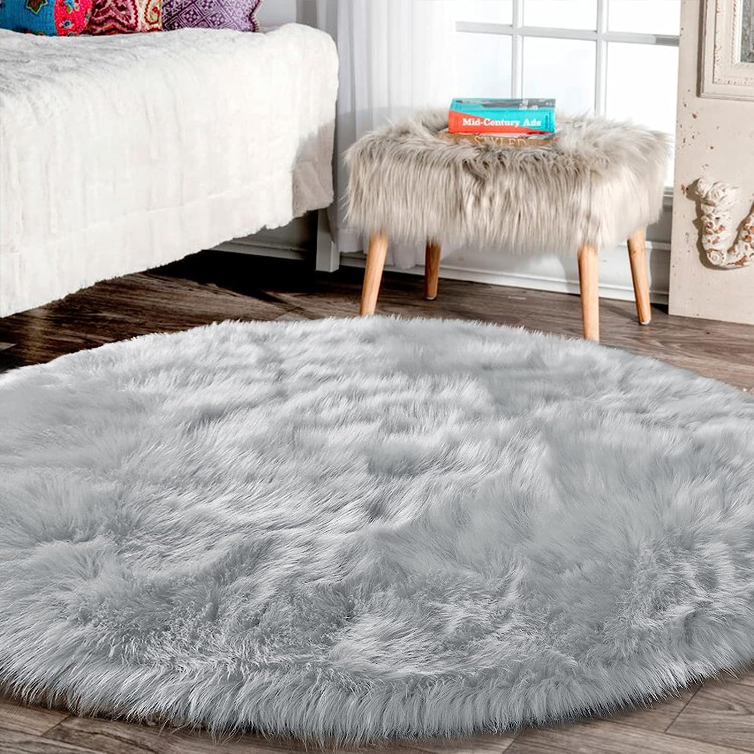Latepis Grey Living Room Rug Round Area Rug 10 ft Washable Faux Fur Rug ...