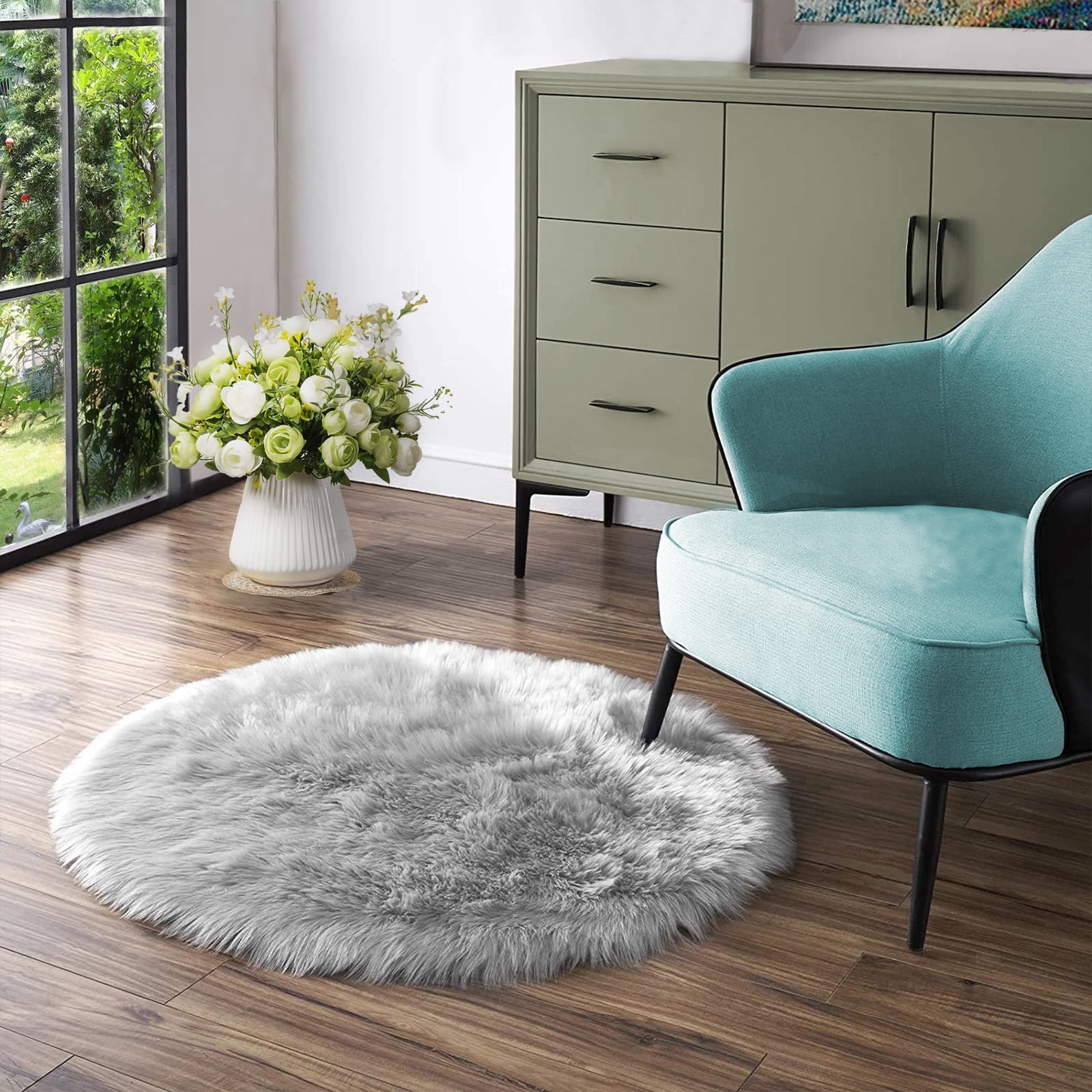 Latepis Grey Round Rug 3 ft, Faux Fur Sheepskin Circle Rug for Living ...