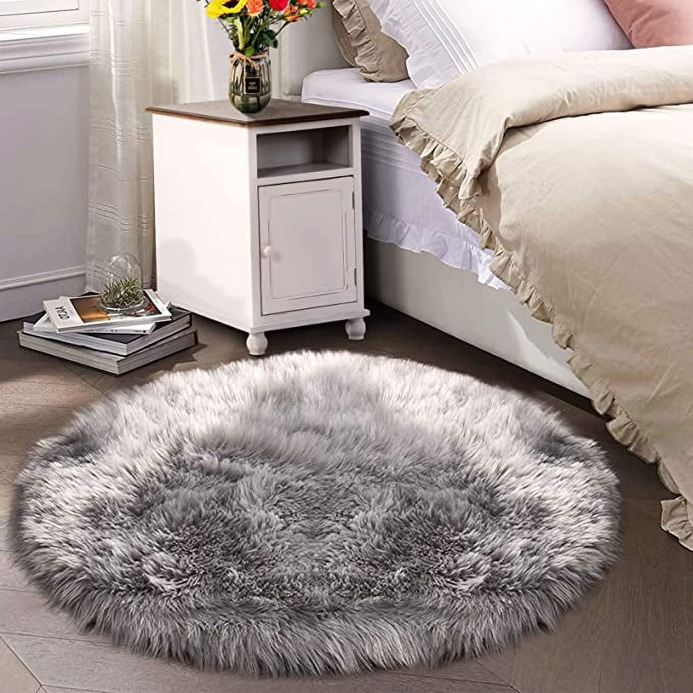 Latepis Grey Round Rug 6 ft, Faux Fur Sheepskin Circle Rug for Living ...