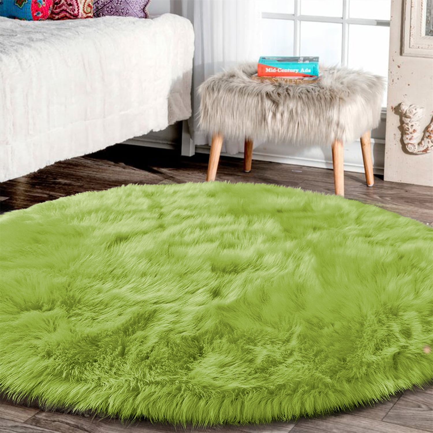 Latepis Large Round Rug 8ft Faux Fur Rug Olive Grass Green Circle Rug ...