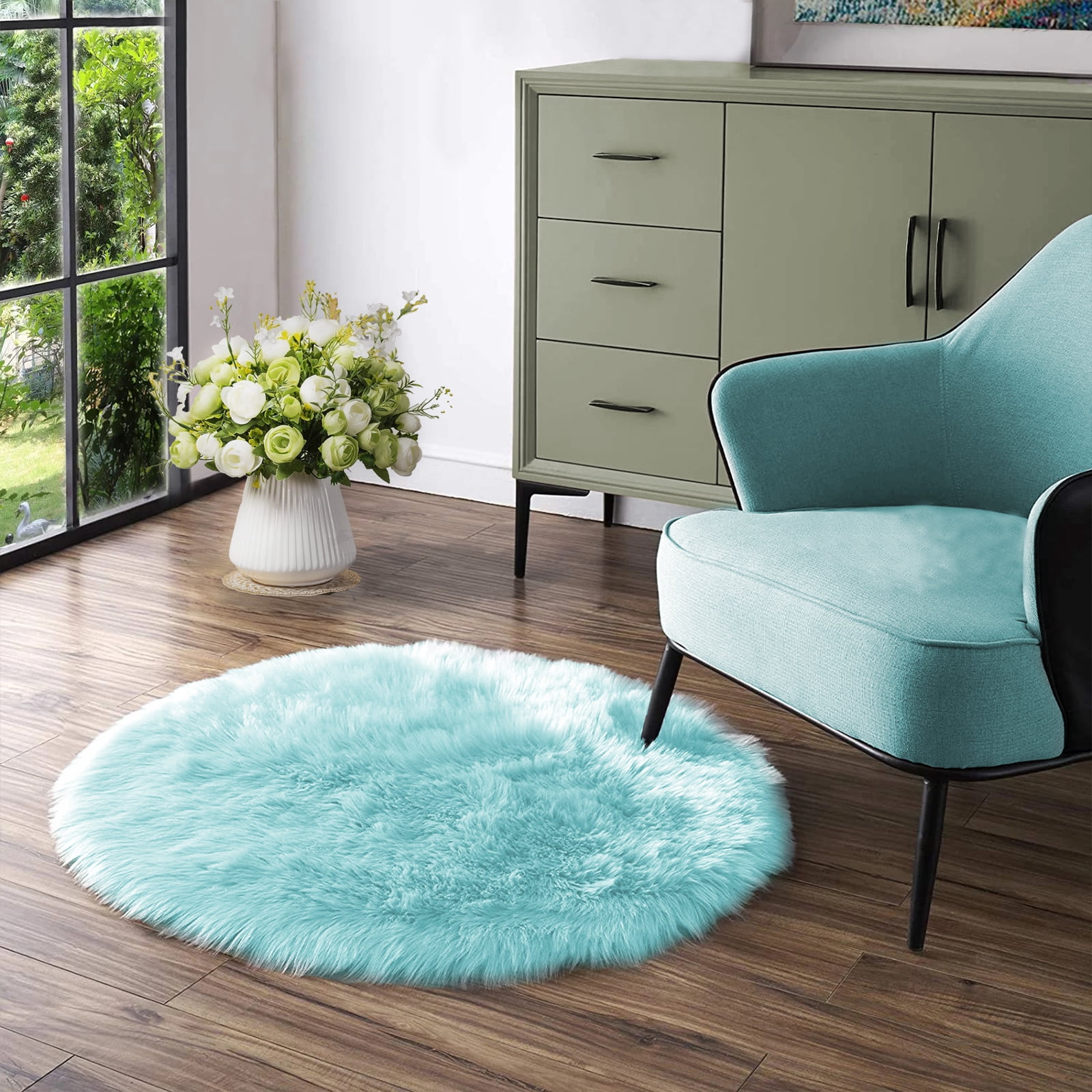 Latepis Light Blue Fur Round Rug 3 ft, Faux Sheepskin Circle Rug for ...