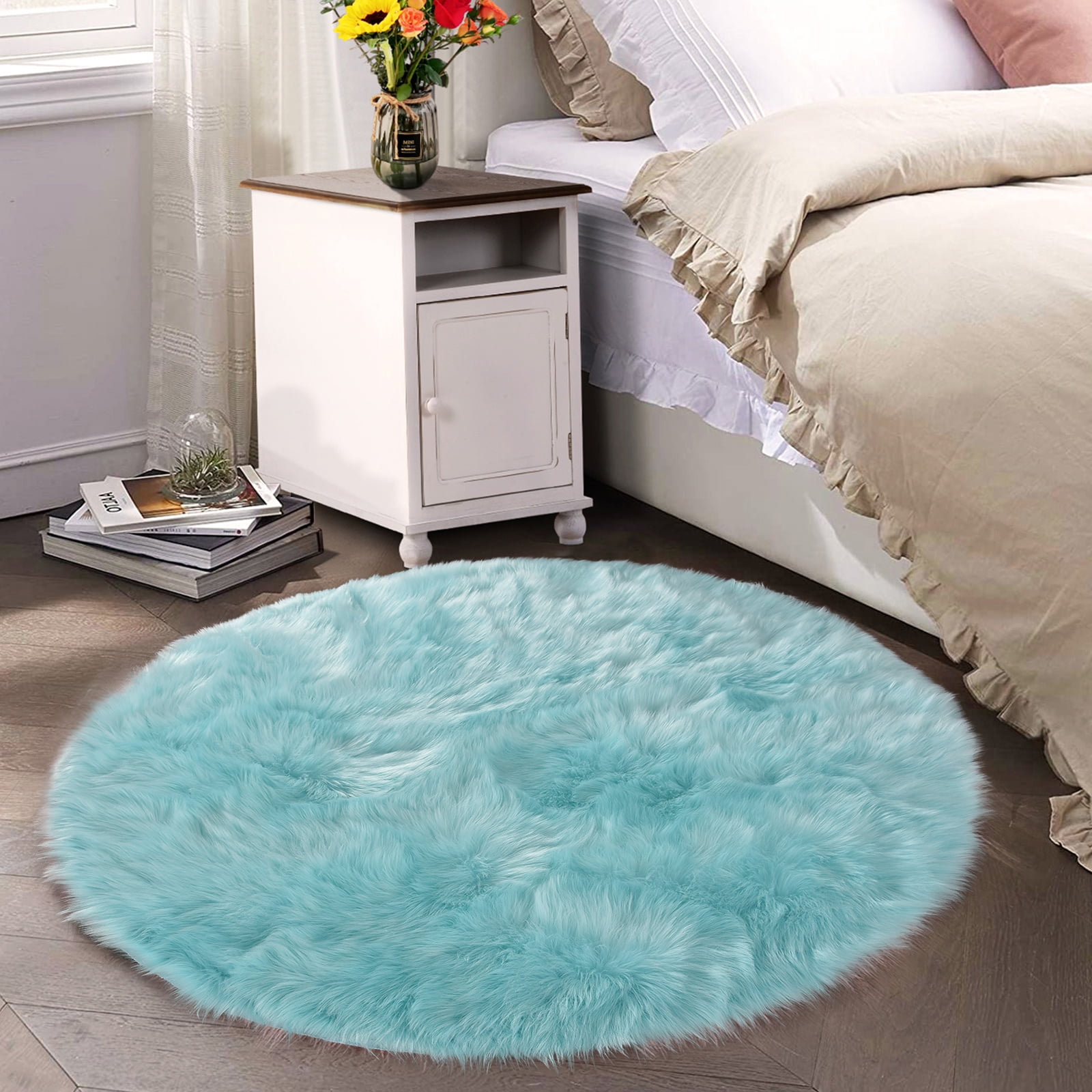 Latepis Light Blue Fur Round Rug 6.7 ft, Faux Sheepskin Circle Rug for ...