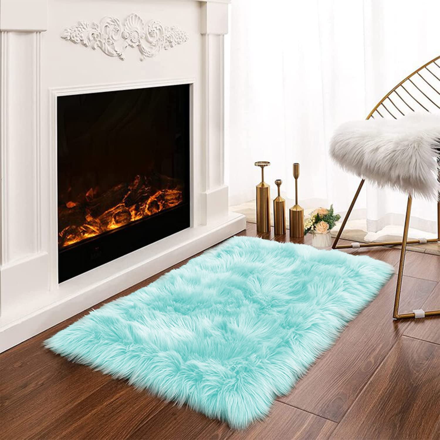Latepis Faux Sheepskin Fur Rug 2x3, Light Blue, Fluffy Bedroom Rug ...