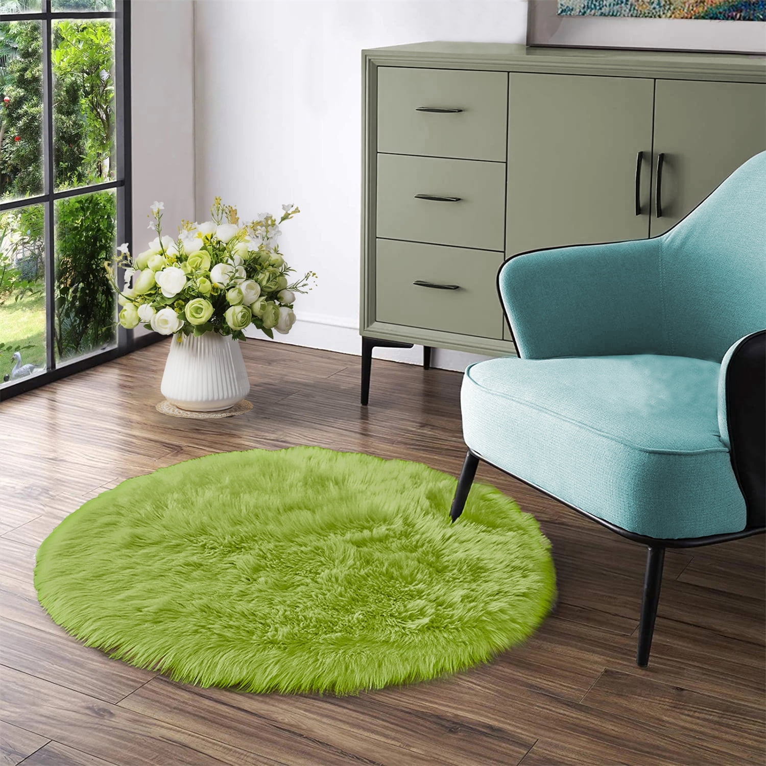 Latepis Olive Grass Green Circle Rug Faux Fur Round Rug 4ft Fuzzy Rug ...