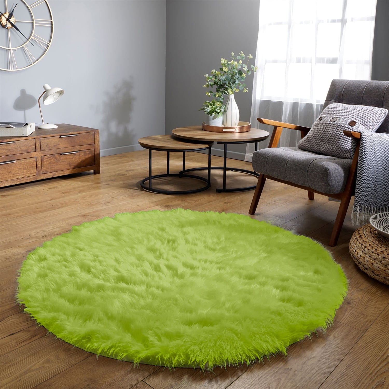 Latepis Olive Grass Green Shag Round Rugs 6ft Fluffy Rug Faux Sheepskin ...