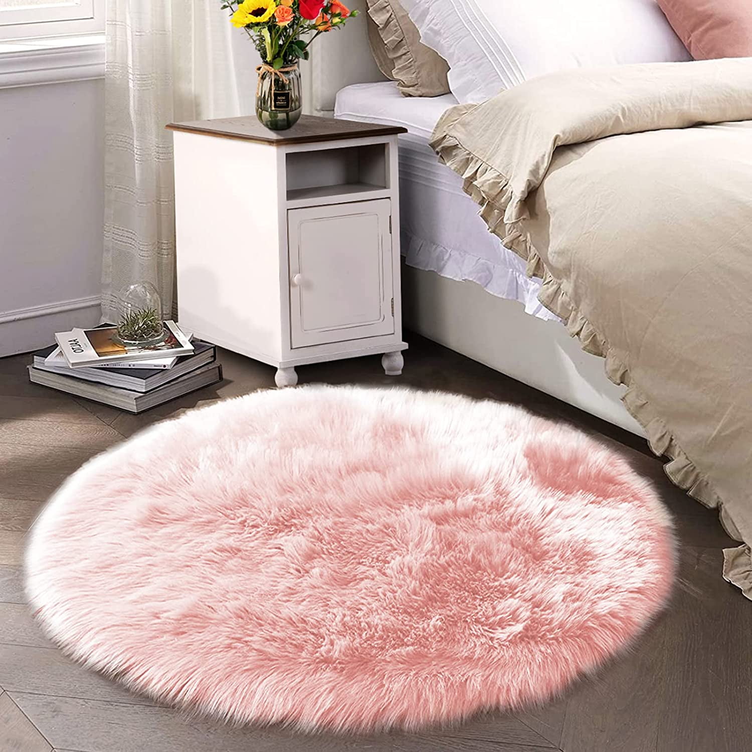 Latepis 6.7ft Pink Round Rug, Faux Sheepskin, Perfect for Living Room ...