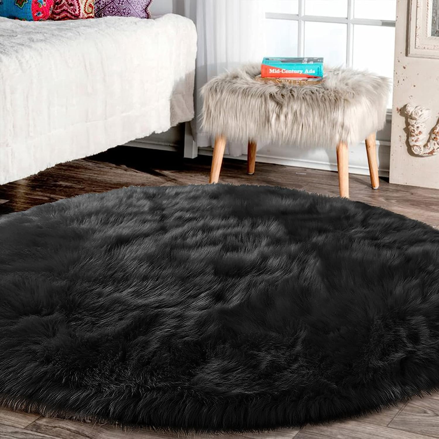 Latepis Round Area Rugs 10 ft Black Fuzzy Rug Circle Rugs for Bedroom ...
