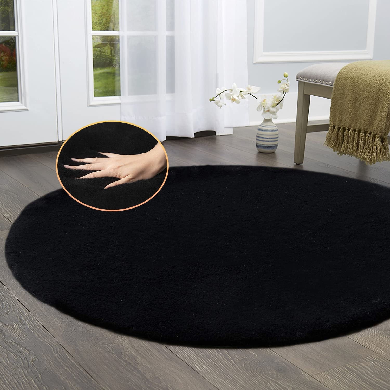 Latepis Round Rugs 6ft Faux Rabbit Fur Rug Fluffy Rug for Bedroom Black ...