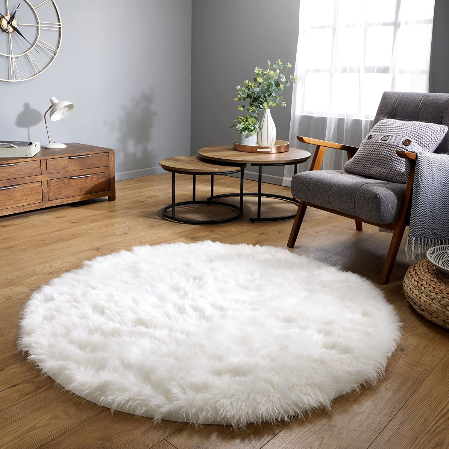 Latepis Furry Fuzzy White Round Rug 6 ft, Faux Fur Sheepskin for Living ...