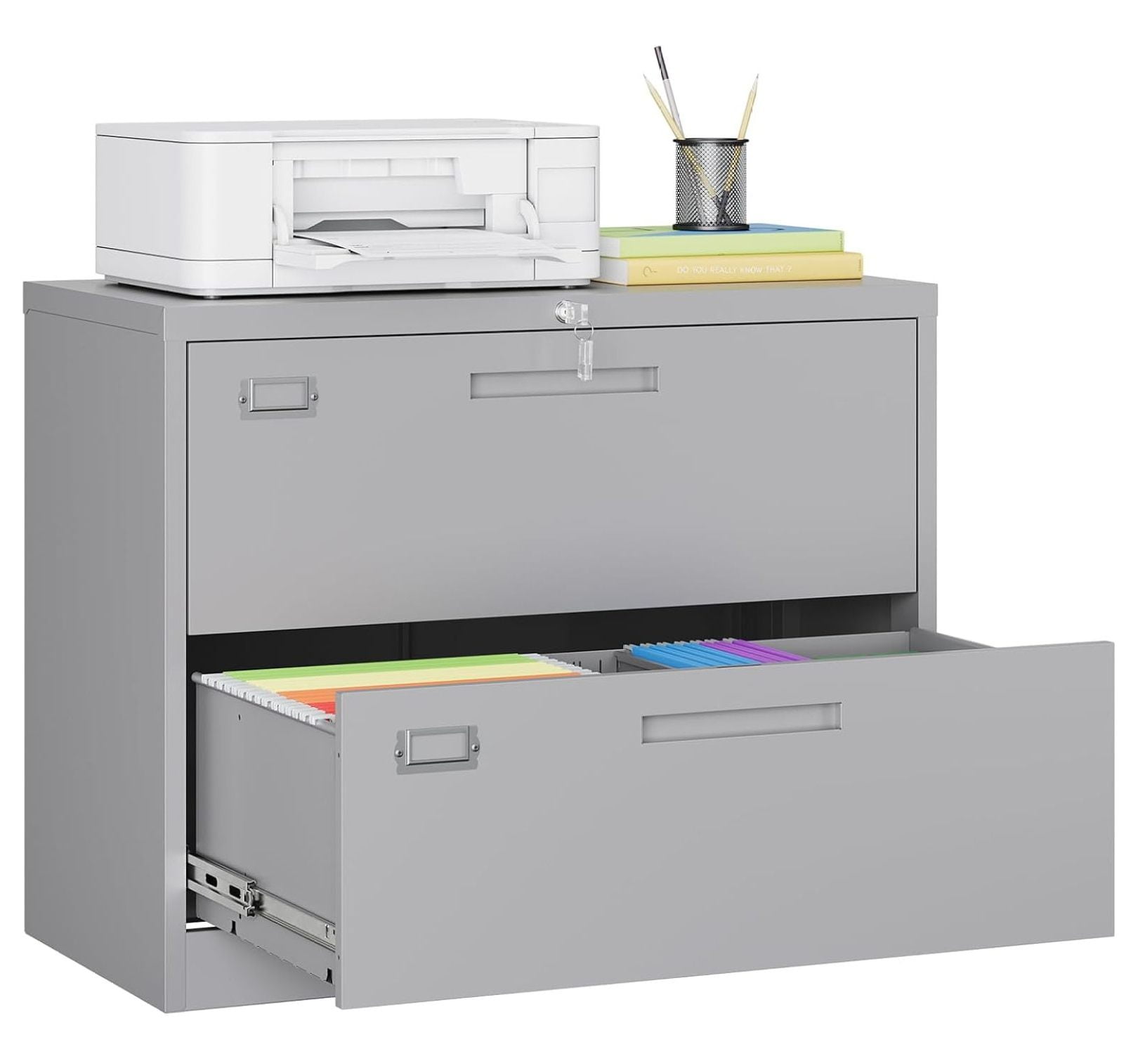 Lateral 2 Drawer File Cabinet Home Office,Grey Metal Filing Cabinet with Lock and Hanging Bars ...