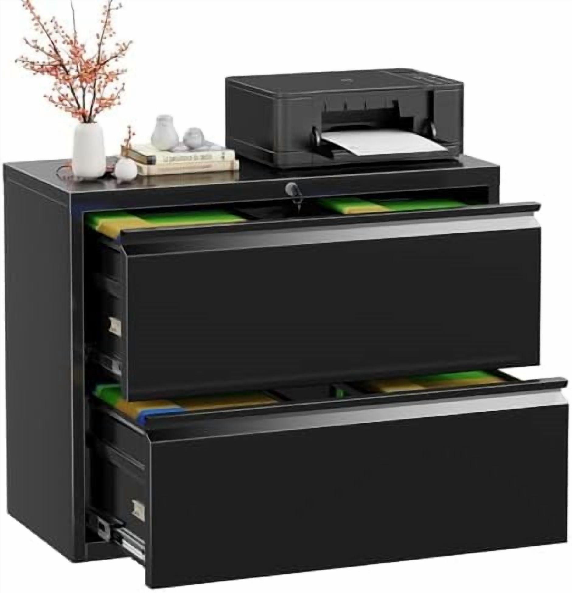 Lateral File Cabinet 2 Drawer, Black Metal 2 Drawer Filing Cabinet with ...