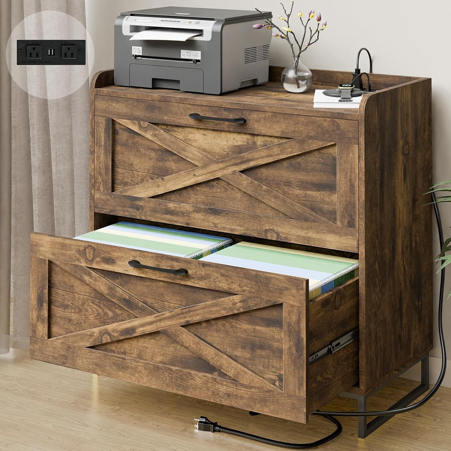 Lateral File Cabinet 2 Drawer File Cabinet with Charging Station for ...