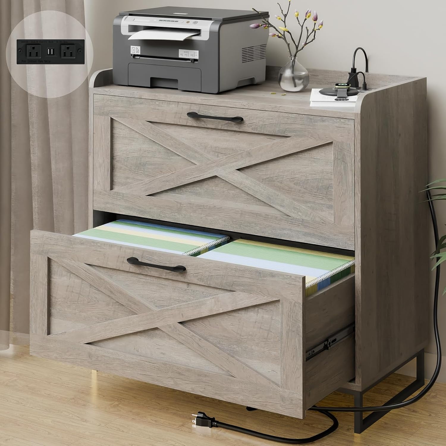 Lateral File Cabinet 2 Drawer File Cabinet with Charging Station for ...